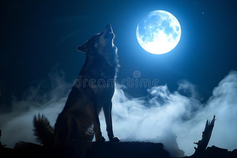 Wolf Howling in the Fog and Full Moon, High Quality, High Resolution ...