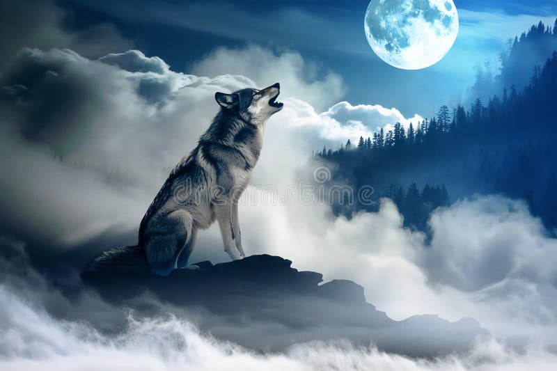 Wolf Howling in the Fog and Full Moon, High Quality, High Resolution ...