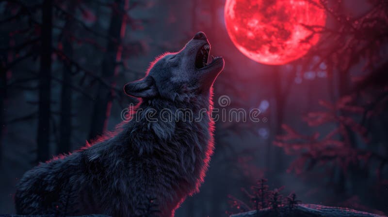 A Wolf Howling in Front of a Bright Red Moon. Suitable for Nature and ...