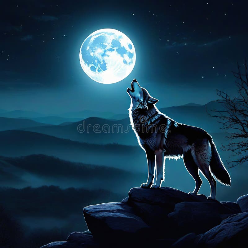 Wolf Howling in Front of Full Moon Close Stock Illustration ...