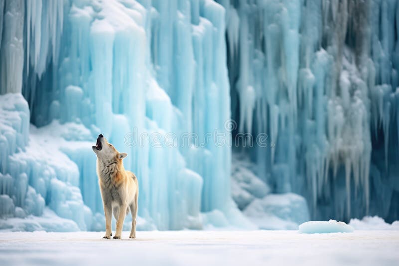 Wolf Howling beside a Frozen Waterfall Stock Image - Image of winter ...
