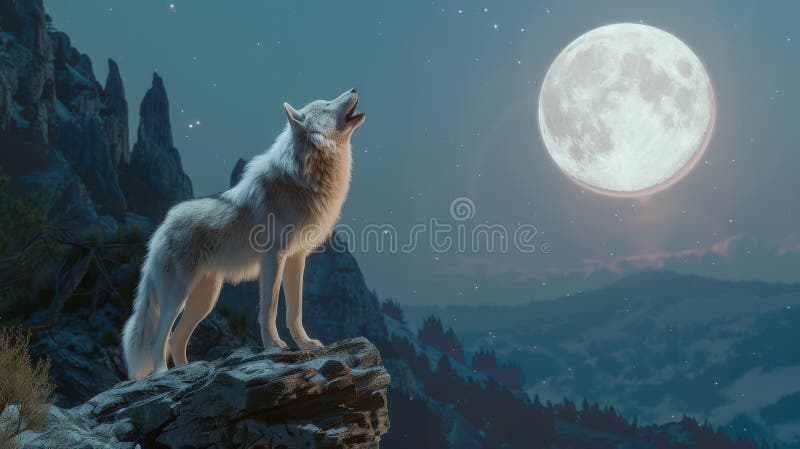Wolf Howling at Full Moon on Cliff at Night, Starry Sky. Wildlife and ...