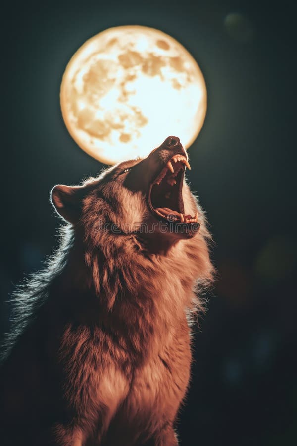 Wolf Howling at Full Moon, Dramatic Night Scene with Illuminated Fur ...