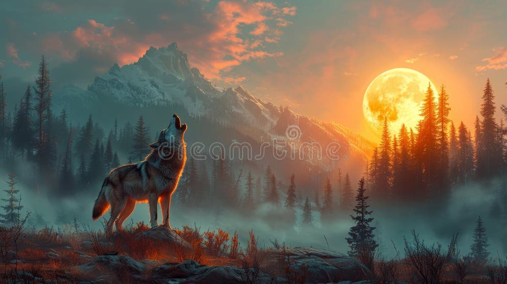 Wolf Howling at Full Moon in a Misty Forest with Mountains at Dawn ...