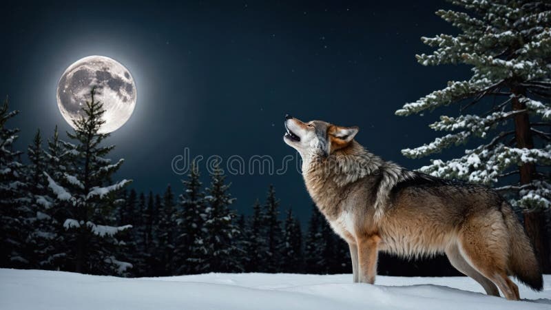 A Wolf Howling at a Full Moon in a Snowy Forest Setting Stock ...