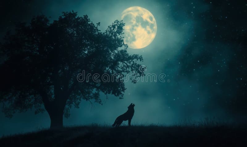 Wolf Howling at Full Moon Under Starry Night Sky with Silhouette of ...