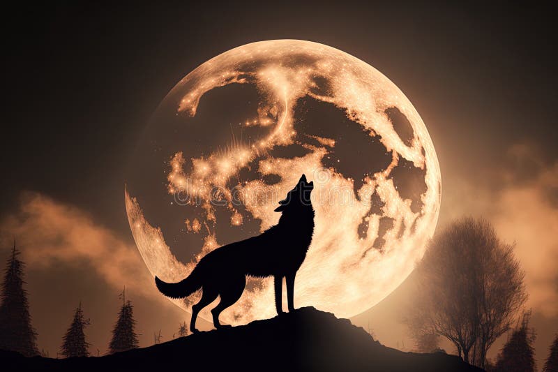 A Wolf Howling at a Full Moon in a Work of Horror Digital Art Stock ...