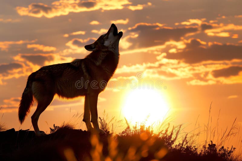 Wolf Howling on Hill with Sunset Behind Stock Photo - Image of ...