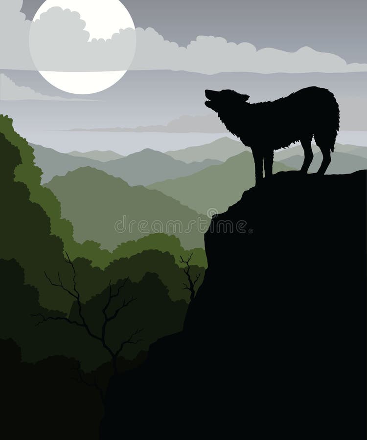Wolf Howling at the Moon Mountains Forest Graphic Black White Landscape ...