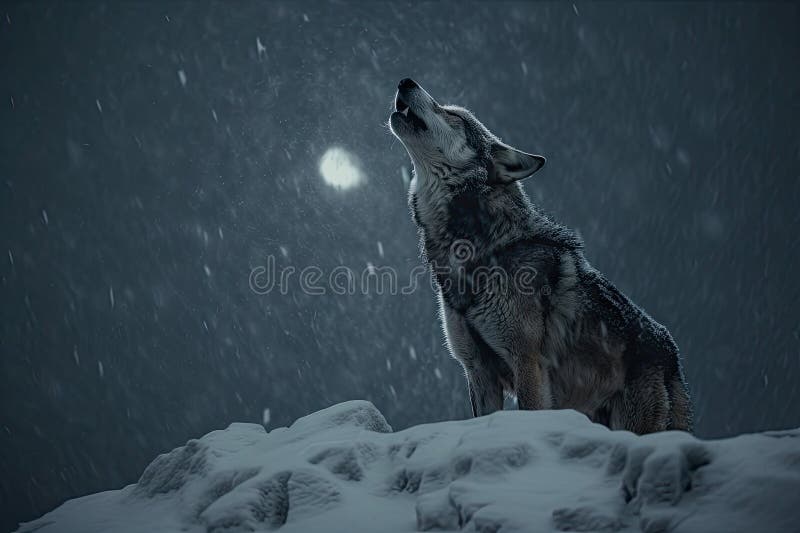 Wolf Howling in the Midst of a Blizzard, Surrounded by Snow and Ice ...