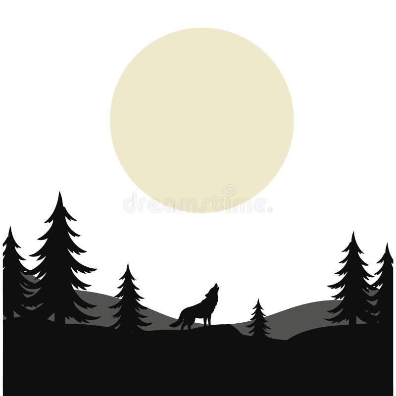 Wolf Howling at Moon in Dark Forest Illustration Stock Vector ...