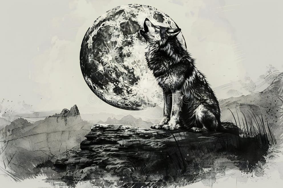 Wolf Howling on the Moon Drawing in Sketch Style Illustration Stock ...