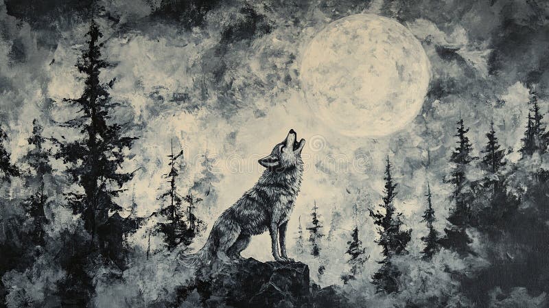 Wolf Howling at the Moon in a Misty Forest at Night Stock Image - Image ...