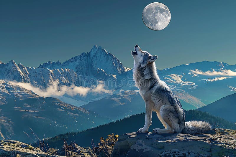 Wolf Howling at the Moon in the Mountains, Render Stock Illustration ...