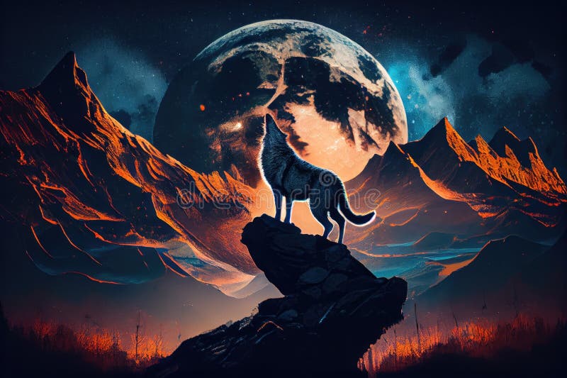 Wolf Howling at the Moon, Surrounded by Stunning Mountain Peaks Stock ...