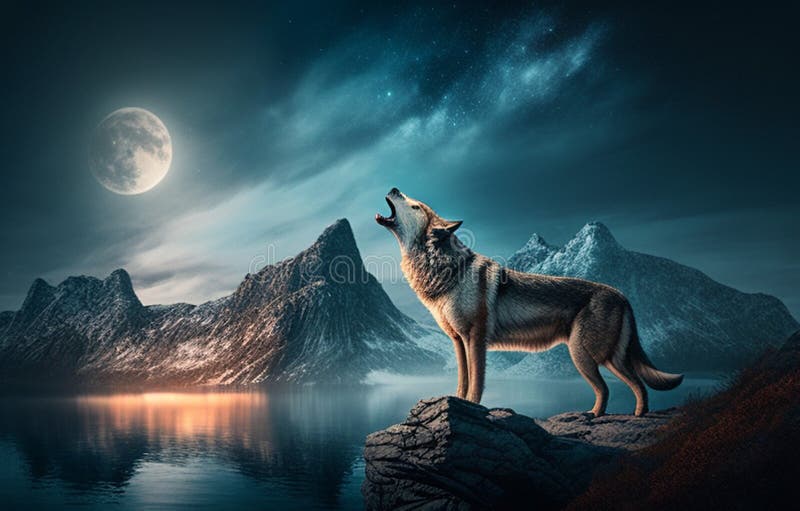 Wolf Howling at the Moon Under Northern Lights Stock Illustration ...