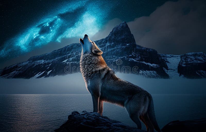 Wolf Howling at the Moon Under Northern Lights Stock Illustration ...
