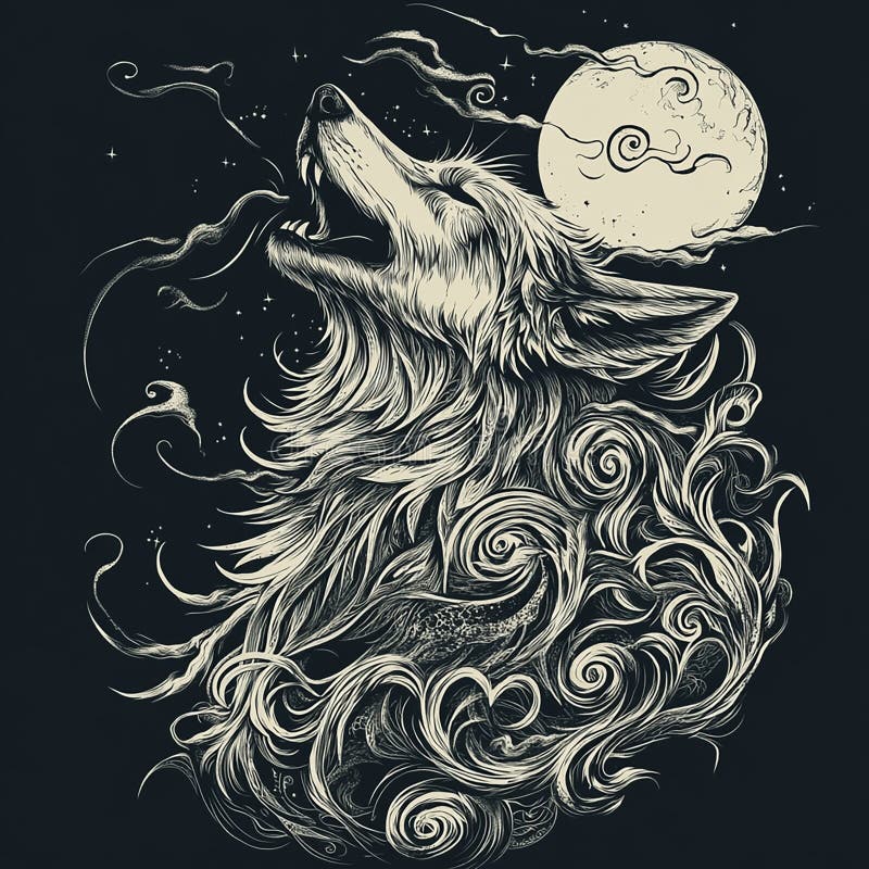 Wolf Howling at the Moon with Zentangle Fur and Sky Stock Illustration ...
