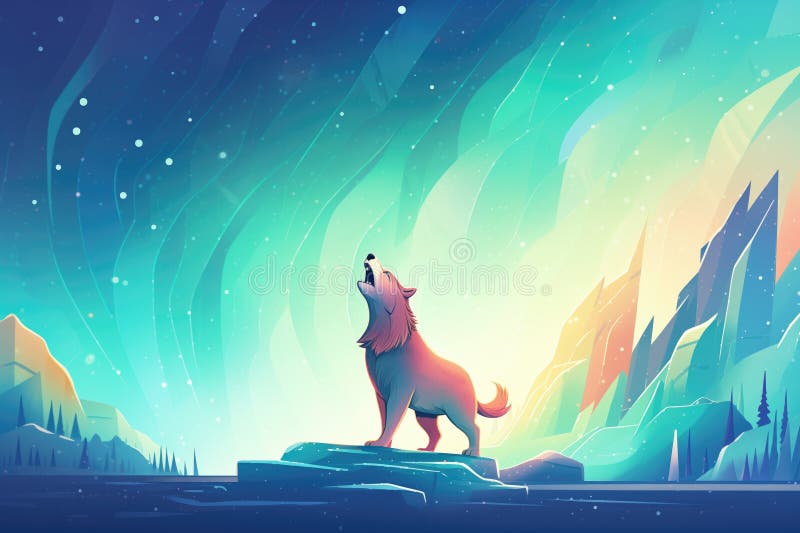 Wolf Howling with Northern Lights in Background Stock Illustration ...