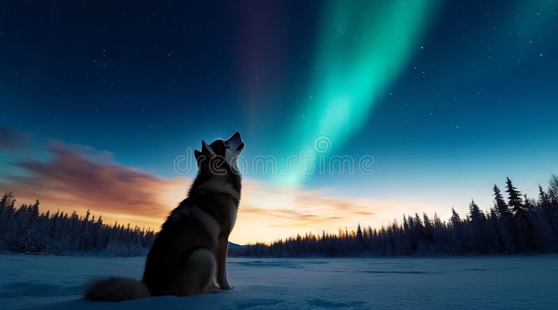 A Wolf Howling at the Northern Lights in the Sky Stock Image - Image of ...