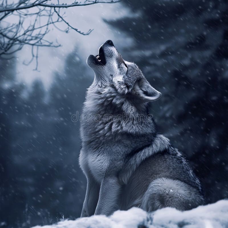 A Wolf Howling in the Snow in the Woods Stock Image - Image of moody ...