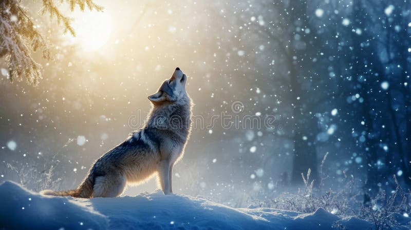 Wolf Howling in a Snowy Forest Stock Illustration - Illustration of ...
