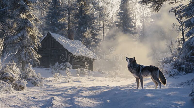 A Wolf Howling in a Snowy Forest Near a Ranger S Cabin. Digital Stock ...