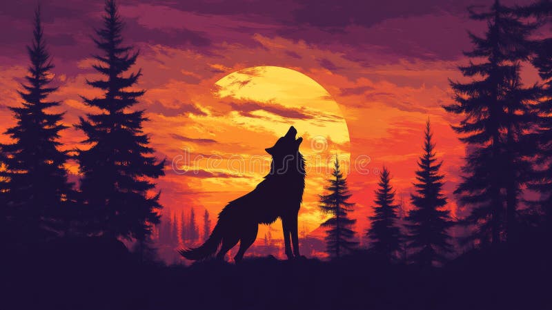 Wolf Howling at Sunset in Forest, Silhouette Illustration. Wildlife and ...