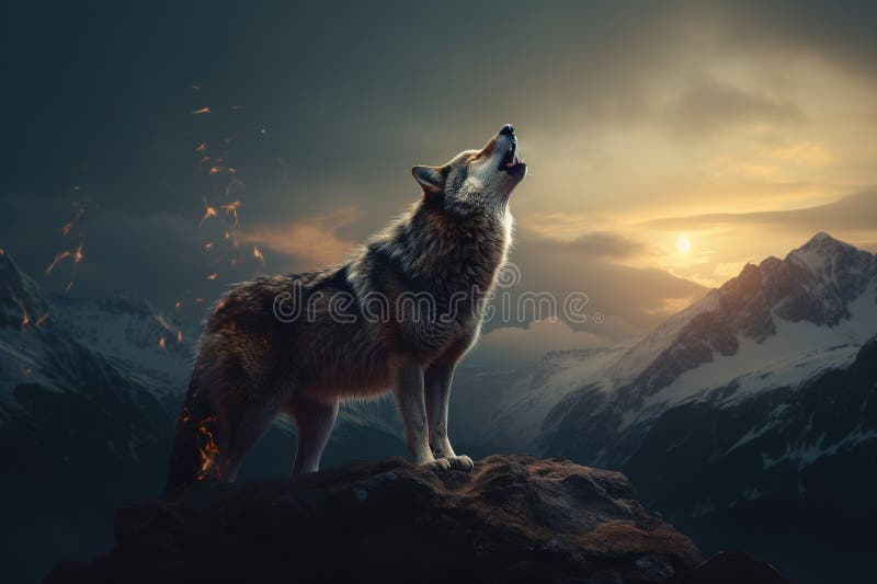 Wolf Howling at the Sunset in the Mountains. 3d Rendering, a Lone Wolf ...