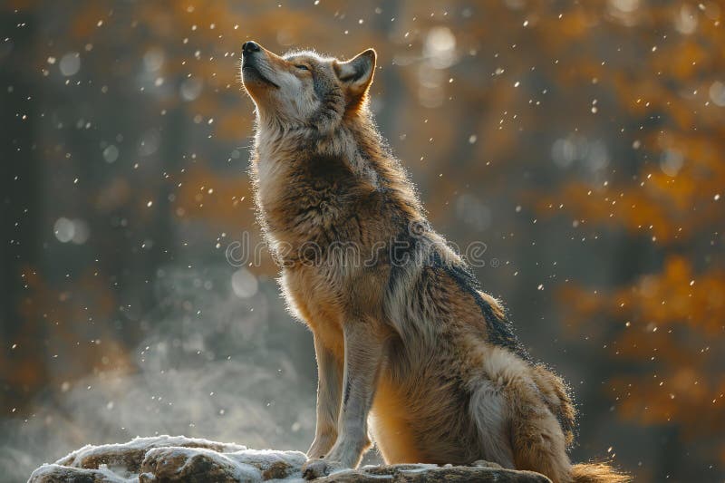 Wolf Howling on Top of Rocks in Dramatic Weather during a Storm Stock ...