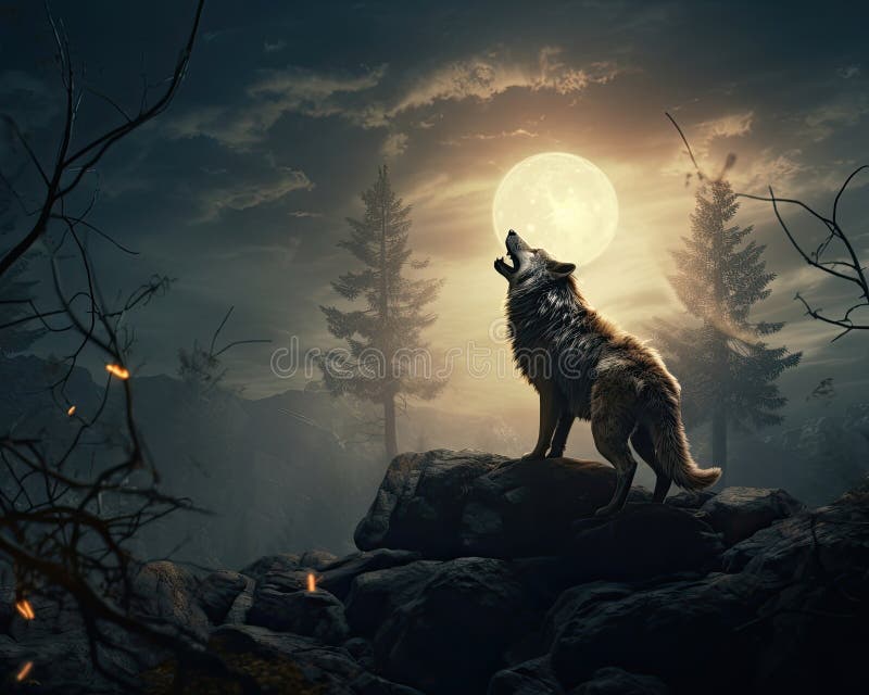 Wolf Howling Under the Full Moon in Wilderness Stock Illustration ...