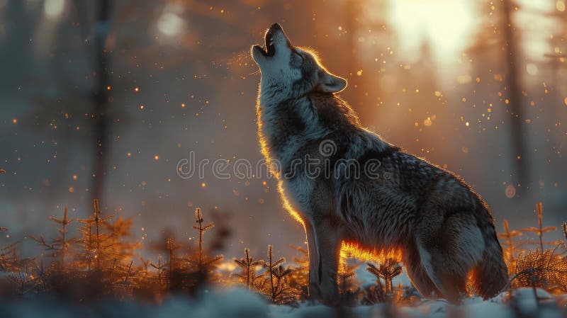 A Wolf Howling in a Winter Forest at Sunset - Generative AI Stock ...