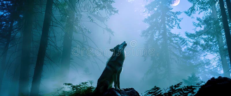 A Wolf Howls at the Moon in a Gloomy Forest Stock Photo - Image of ...