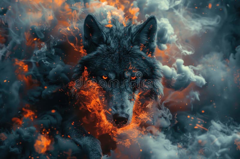 A Wolf Isolated Amidst Flames and Smoke Stock Photo - Image of disaster ...