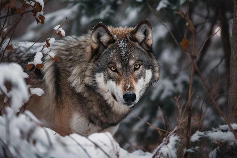 Wolf, with Its Muzzle and Fur Covered in Snow, Sneaking through the ...