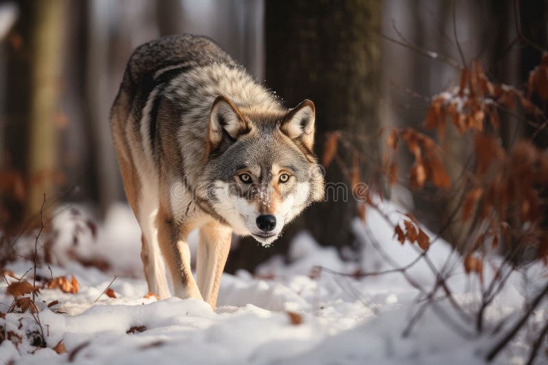 Wolf, with Its Muzzle and Fur Covered in Snow, Sneaking through the ...