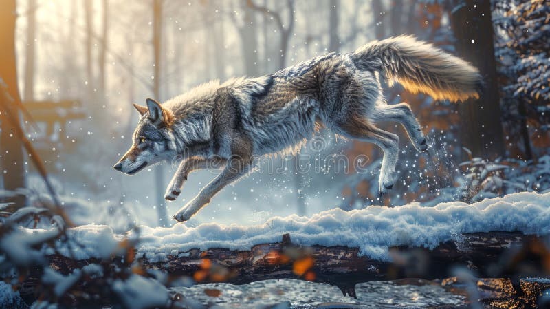 Wolf Jumping Over a Fallen Log in Snowy Forest. Concept of Winter ...