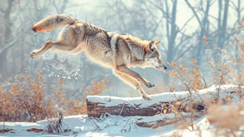 Wolf Jumping Over a Fallen Log in Snowy Forest. Concept of Winter ...