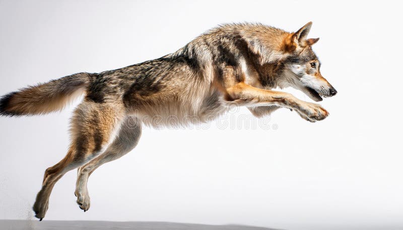 Wolf Jumping on White Background with Back Light, Studio Stock ...