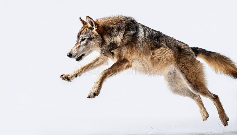 Wolf Jumping on White Background with Back Light, Studio Stock ...
