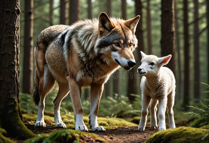 Wolf and Lamb in Forest. Generative AI Stock Illustration ...