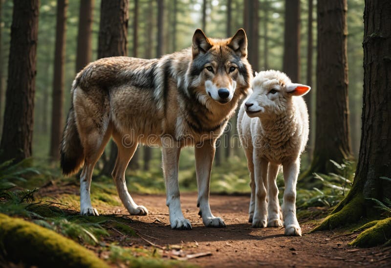 Wolf and Lamb in Forest. Generative AI Stock Illustration ...