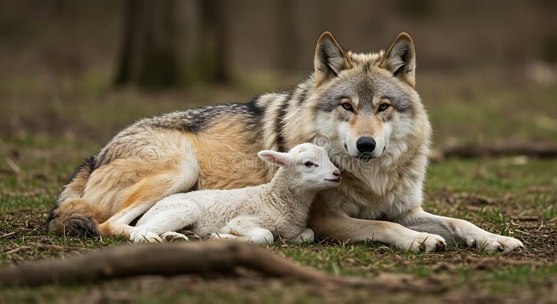Wolf and Lamb Laying Together in Forest Ground Scene Stock Illustration ...