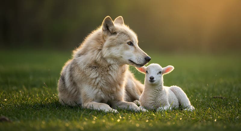 Wolf and Lamb Resting Together in Harmony Stock Illustration ...