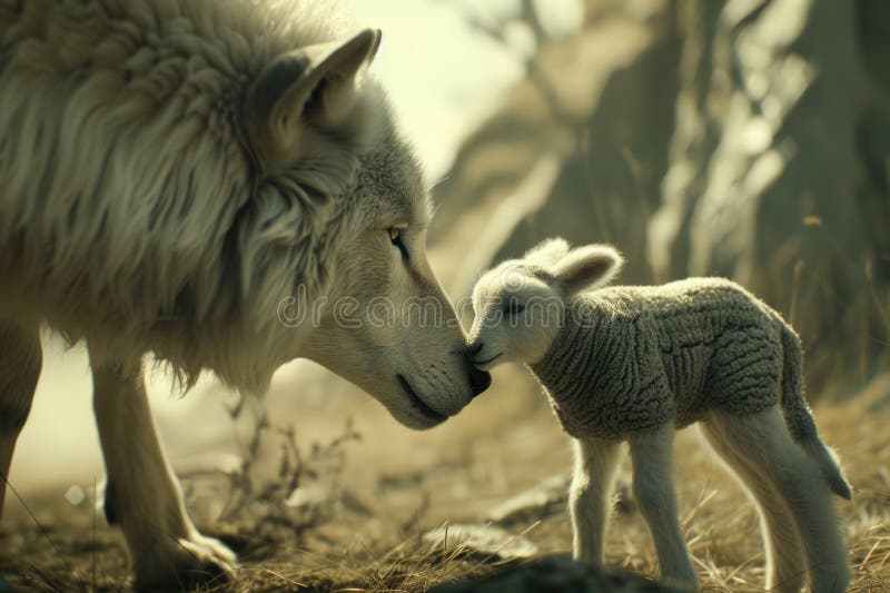 Wolf and Lamb Standing in Grass. Generative AI. Stock Image - Image of ...
