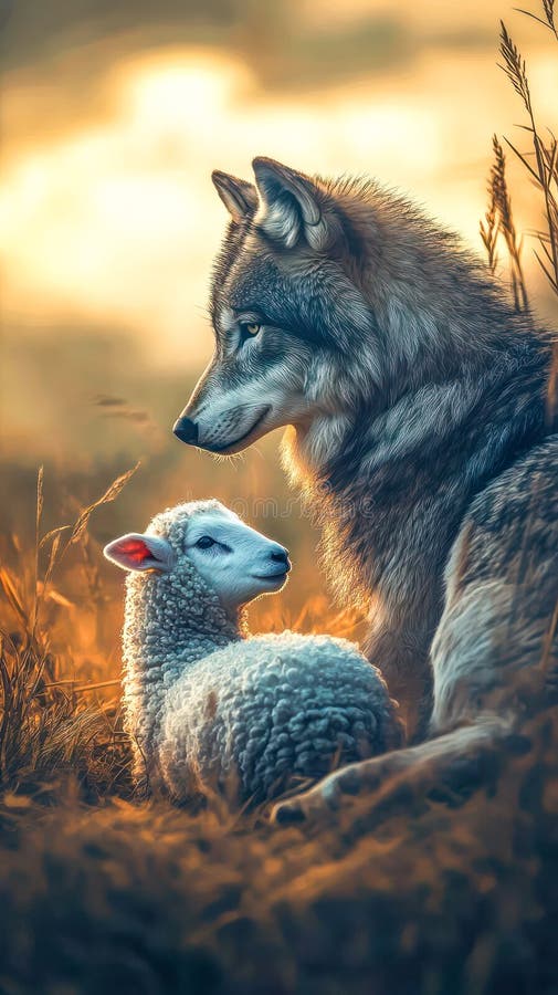 A Wolf and a Lamb Share a Quiet Moment Together in a Serene Golden ...