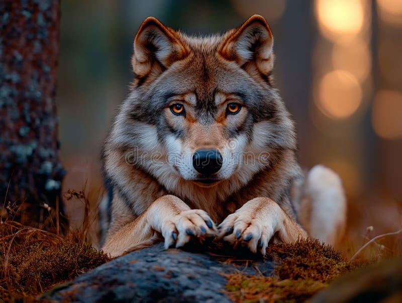A Wolf Laying on a Rock in the Woods Stock Photo - Image of tree ...