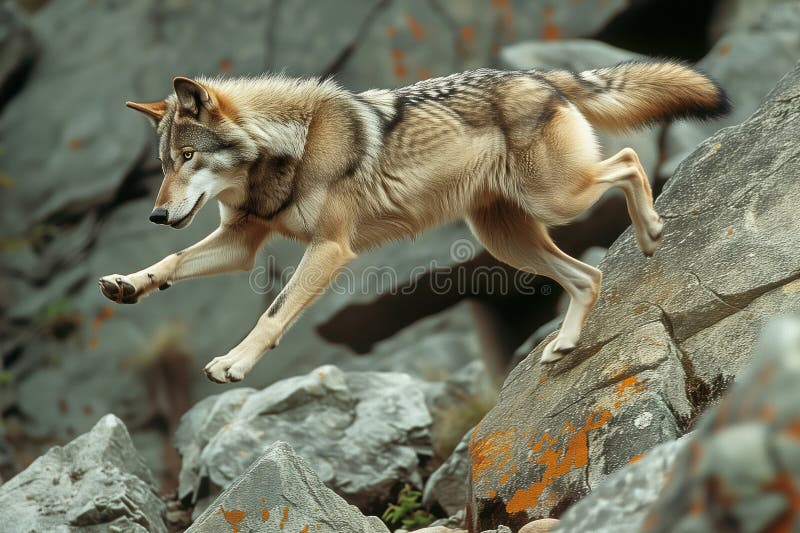 Wolf Leaping between Rocks on Steep Incline Stock Photo - Image of ...