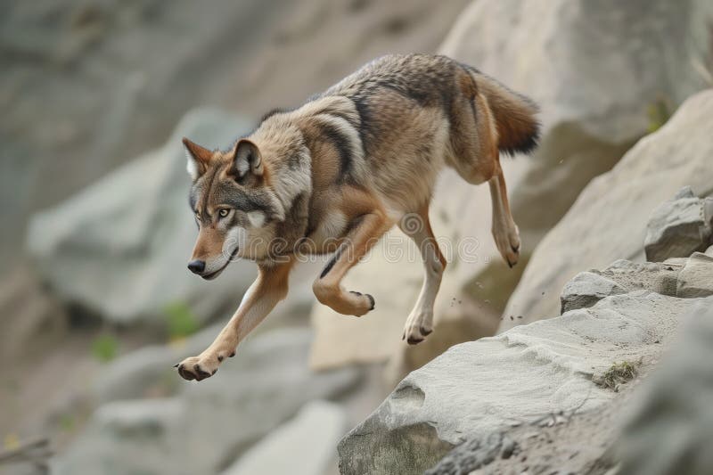 Wolf Leaping between Rocks on Steep Incline Stock Image - Image of ...