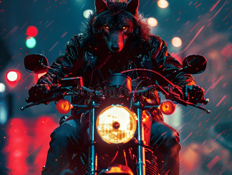 A Wolf in a Leather Jacket on a Motorcycle in the Night. Artificial ...